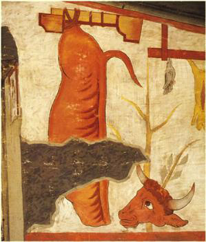 Detalle de la tumba Golini di Orvieto, con representación de un buey ...